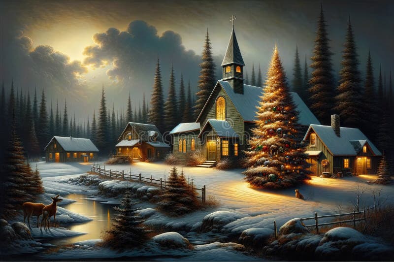 Christmas Illustration - Winter Night in Rural Canada Stock Photo ...