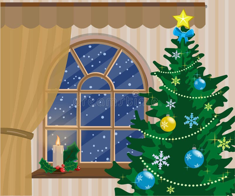 Christmas Interior with Decorated Pine Tree and Window with Falling ...
