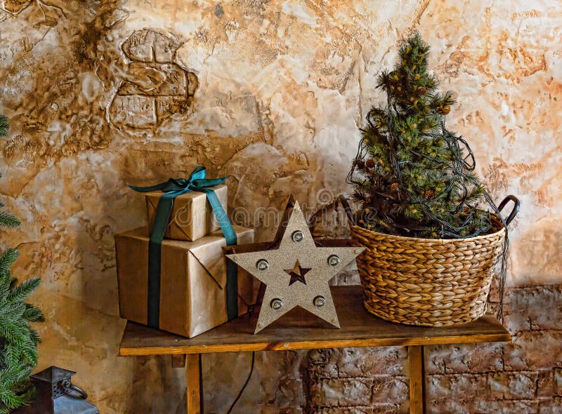 Christmas Interior. Decorative Christmas Tree, Gifts and Christmas ...