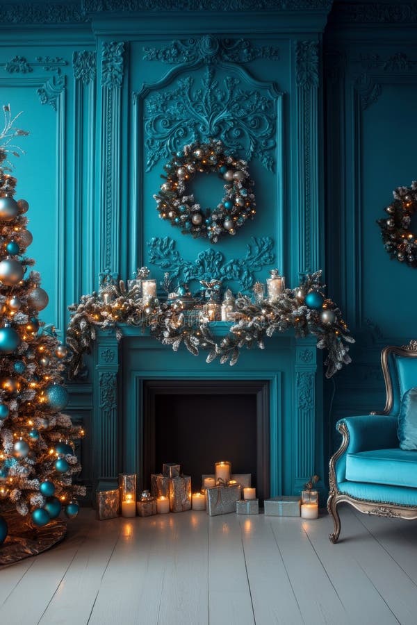 Christmas Interior. Elegant Christmas Tree and Fireplace Decor. Holiday Season Interior Design ...