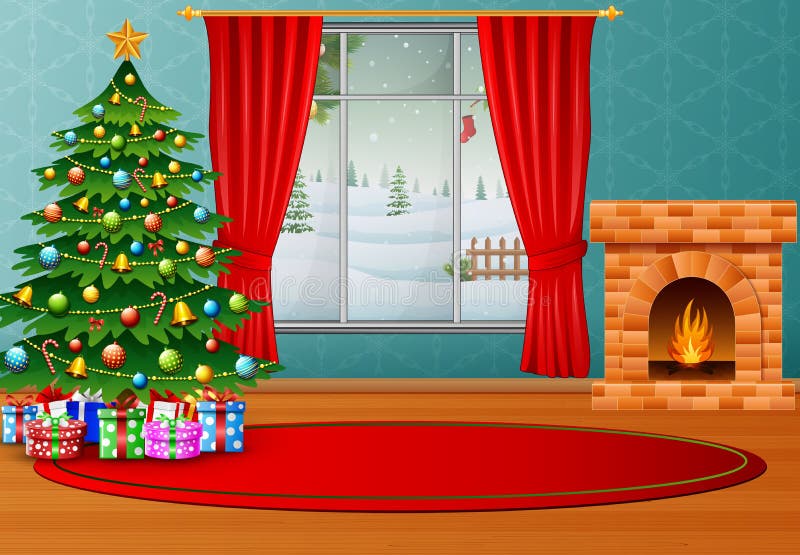 Christmas Interior of Room with Winter Landscape Stock Vector ...