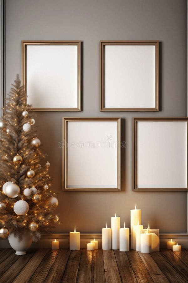 Christmas Interior with Christmas Tree, Candles and Frames . Stock ...