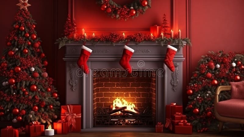 Christmas Interior with Christmas Tree and a Fireplace in Traditional ...