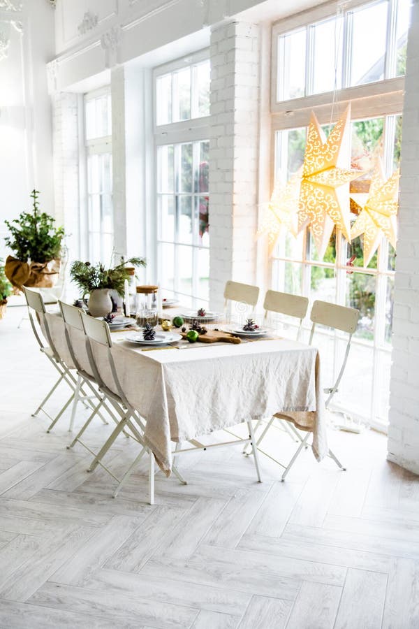 Christmas Interior White Kitchen Table with Christmas Decoration Stock ...
