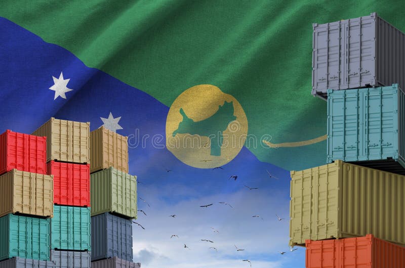 Christmas Island Flag and Big Stack of Shipping Cargo Containers in ...
