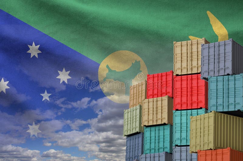 Christmas Island Flag and Big Stack of Shipping Cargo Containers in ...