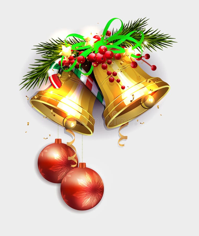 Christmas Isolated Element, Golden Bells with Balls on Pendants Stock ...