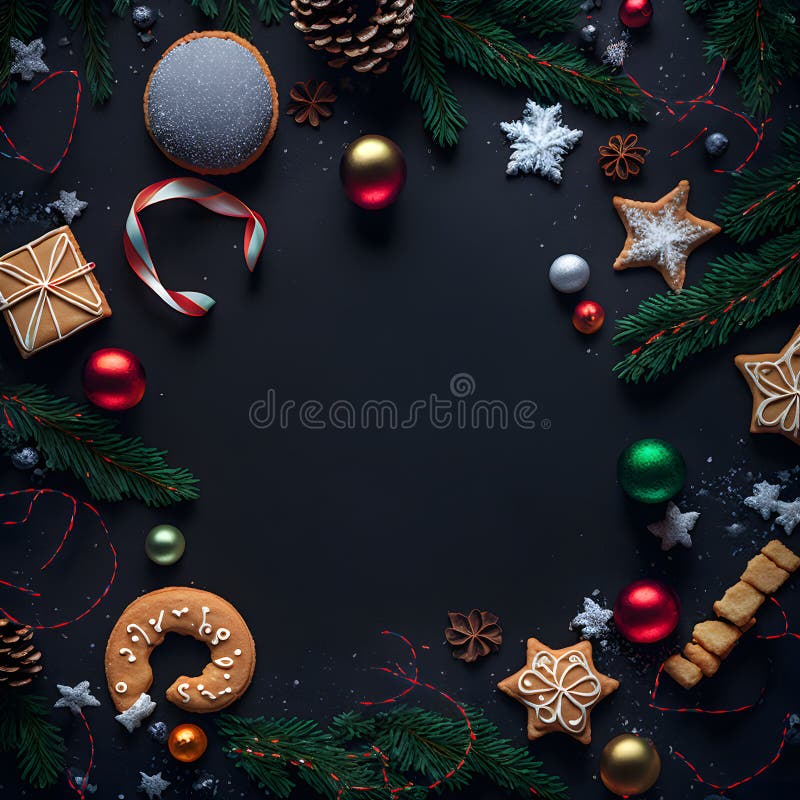 Christmas Items on Flat Black Background in Flat Lay Perspective ...