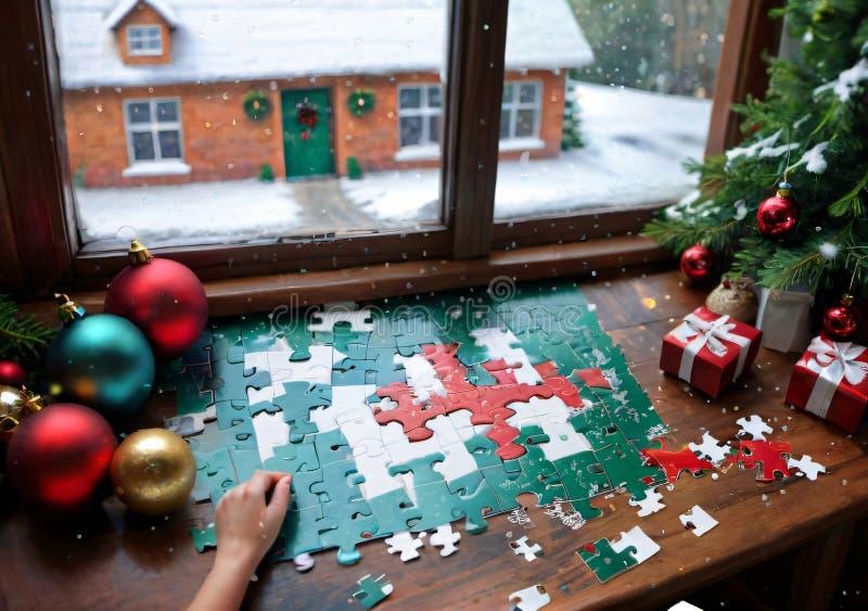 A Christmas Jigsaw Puzzle in Progress, on a Table with a Window Showing ...