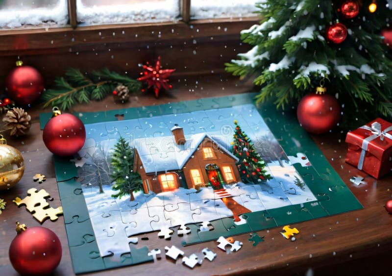 A Christmas Jigsaw Puzzle in Progress, on a Table with a Window Showing ...