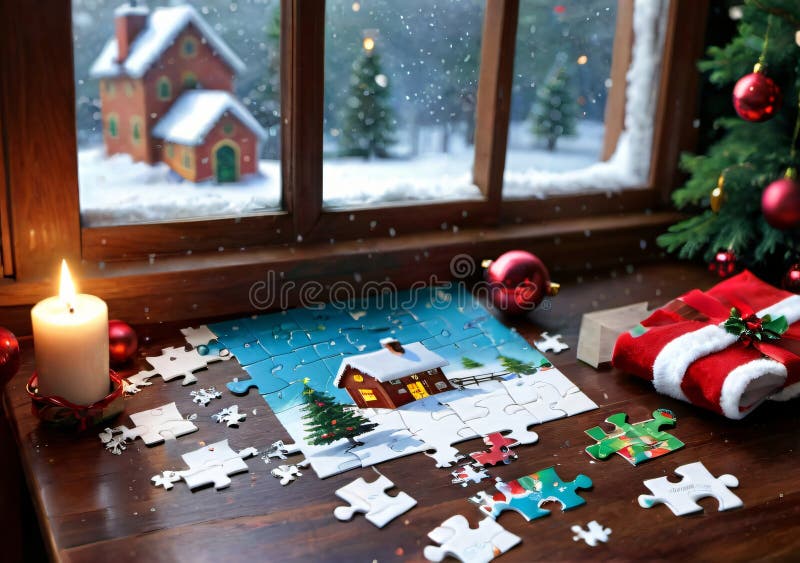 A Christmas Jigsaw Puzzle in Progress, on a Table with a Window Showing ...