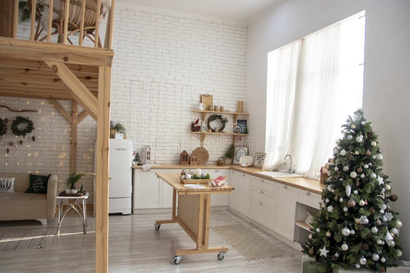 Christmas Kitchen, Christmas Tree . Bright Interior. Stock Image ...