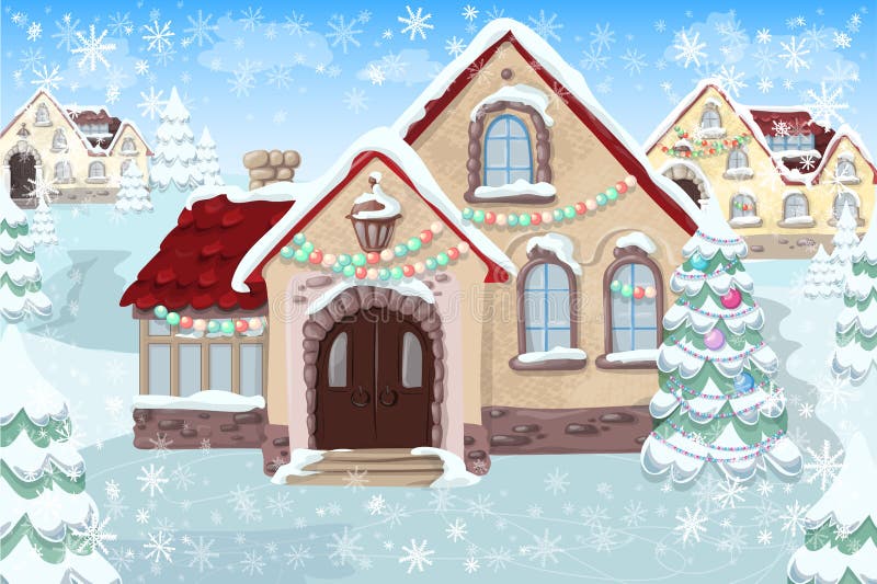 Christmas Landscape with Christmas Tree and House Stock Vector ...