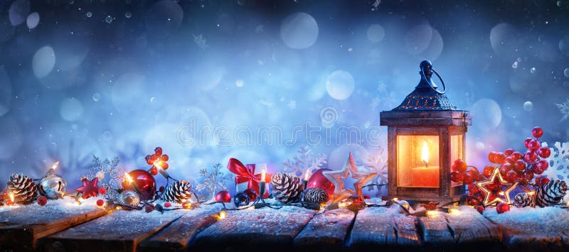 Christmas Lantern with Decorations and String Lights Stock Image ...