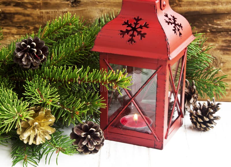 Christmas Lantern with Fir Tree Branches and Decorations Stock Image ...