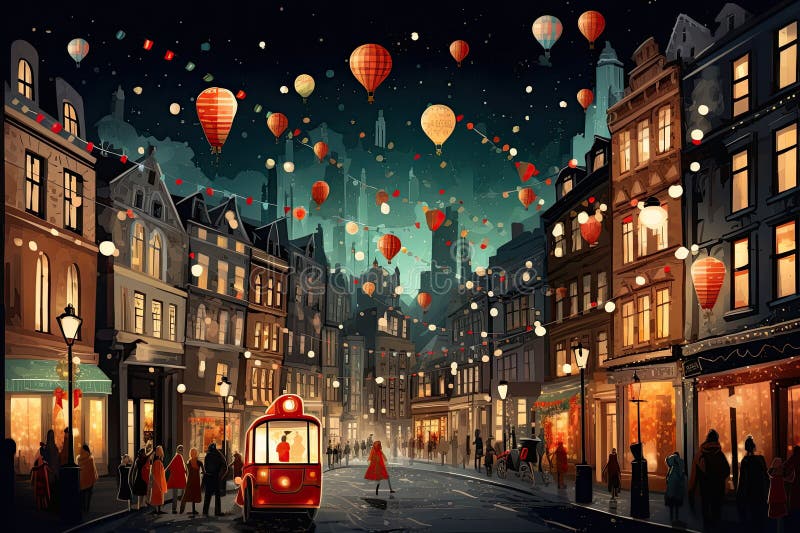 Christmas Lantern Parade in the City at Night Illustration Stock ...