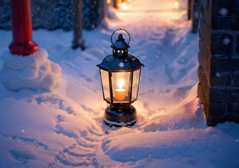 A Christmas Lantern on a Snowy Path, at Dusk. Generative AI Stock ...