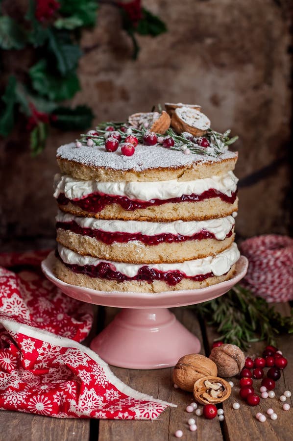 Christmas Layered Cake with Raspberry Jam and Whipped Cream Stock Photo ...