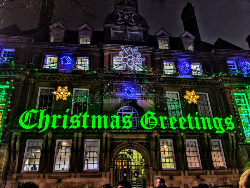 Christmas Light Greetings Green Building Light Editorial Photo - Image ...