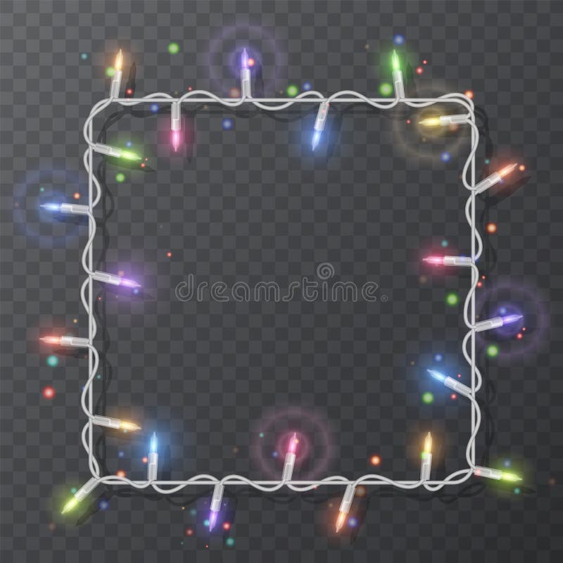 Christmas Lights Border Vector, Light String Frame Isolated on Dark ...