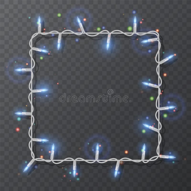 Christmas Lights Border Vector, Light String Frame Isolated on Dark ...