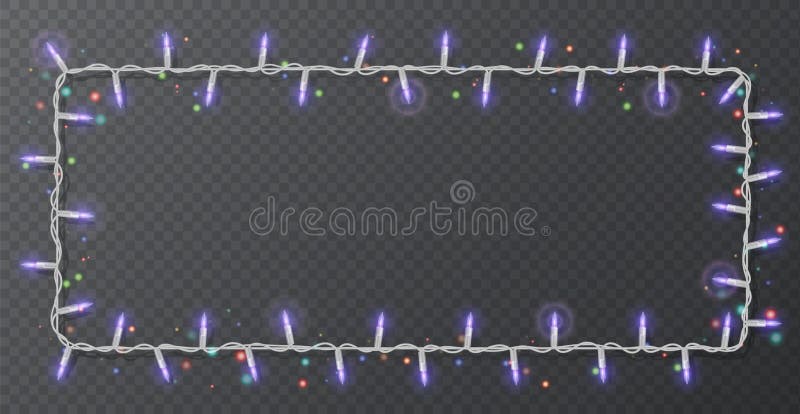 Christmas Lights Border Vector, Light String Frame Isolated on Dark ...