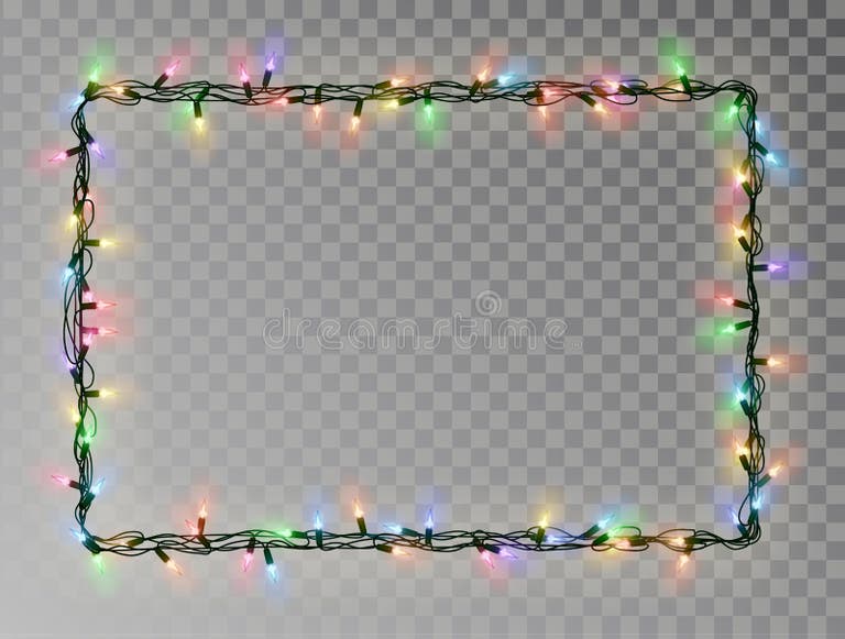 Christmas Lights Border Vector, Light String Frame Isolated on Dark ...