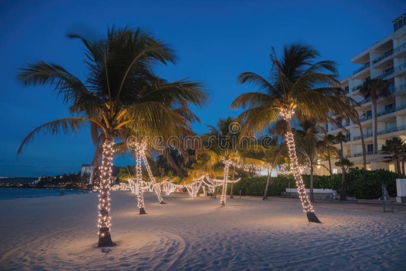 Christmas Lights Decorating Palm Trees on Tropical Beach at Night Stock ...