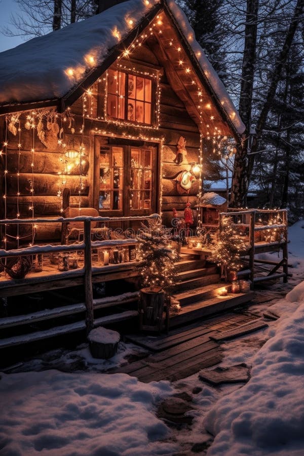 Christmas Lights Decorating a Rustic Wooden Cabin Stock Illustration ...