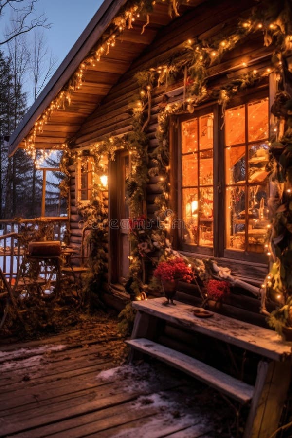 Christmas Lights Decorating a Rustic Wooden Cabin Stock Illustration ...