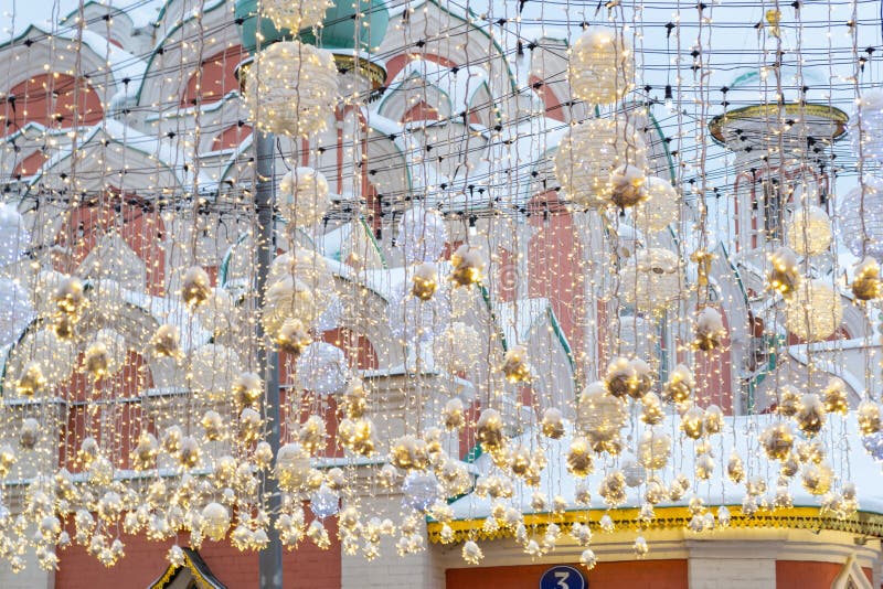 Christmas Lights and Decorations. Facade of Building in the Background ...