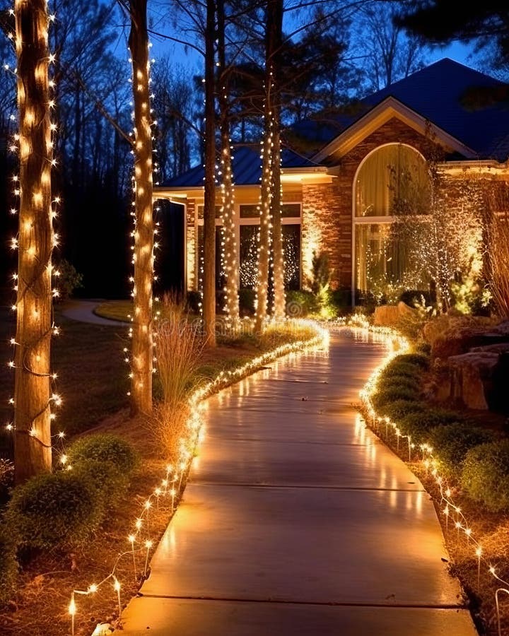 Christmas Lights Draped Around the House and Tree Stock Illustration ...