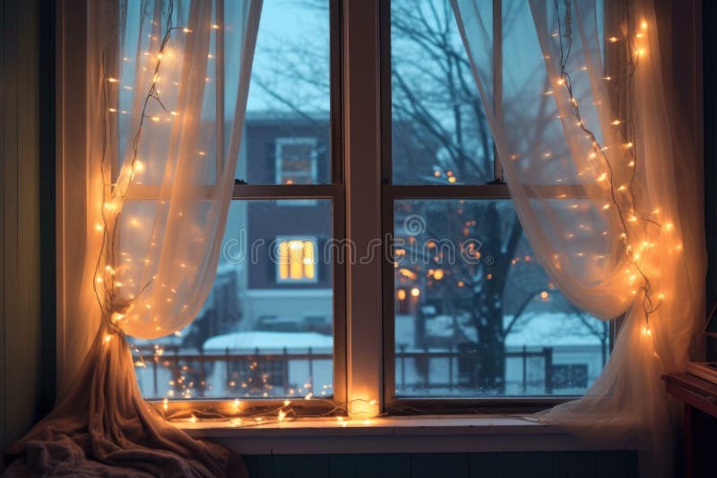 Christmas Lights Draped Over a Snowy Window Stock Illustration ...