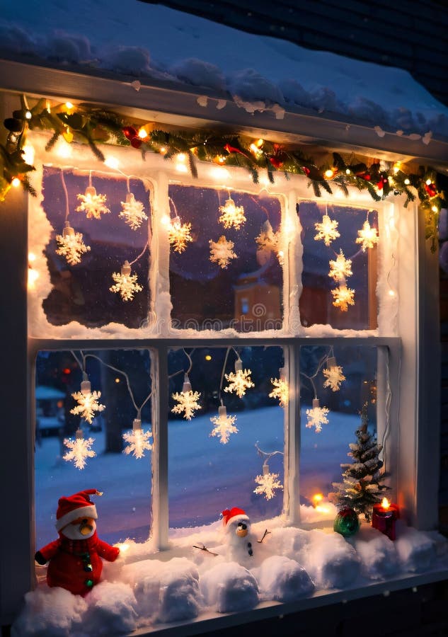 Christmas Lights Framing a Snowy Window, with a Warm Interior Glow ...