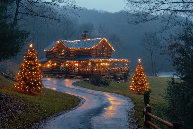 Christmas Lights Illuminating Log Cabin on a Rainy Evening Stock ...