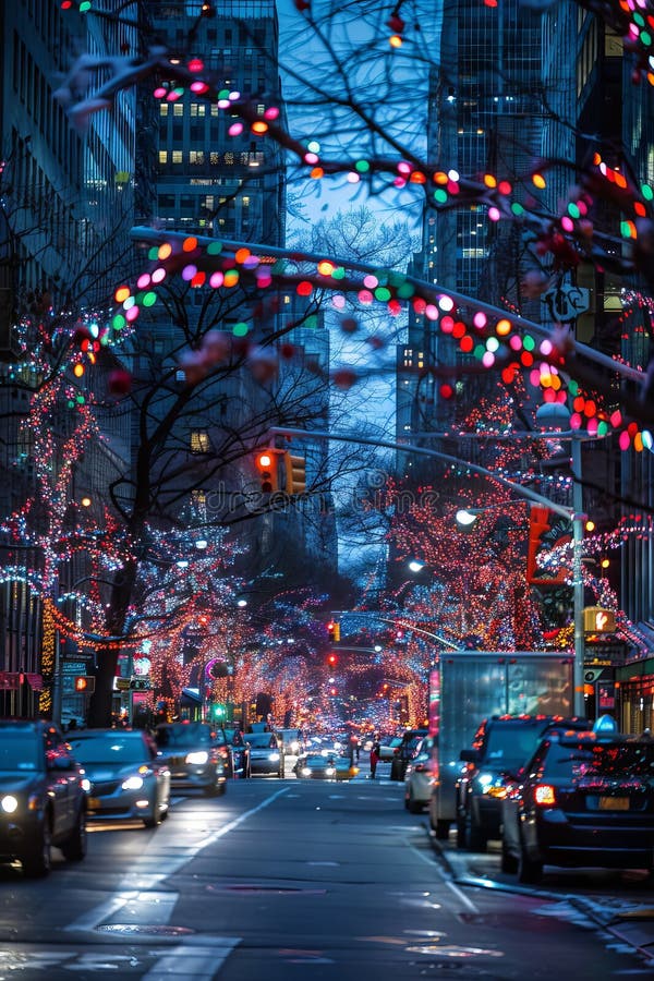 Christmas Lights Intertwined with a Bustling Cityscape. Stock ...