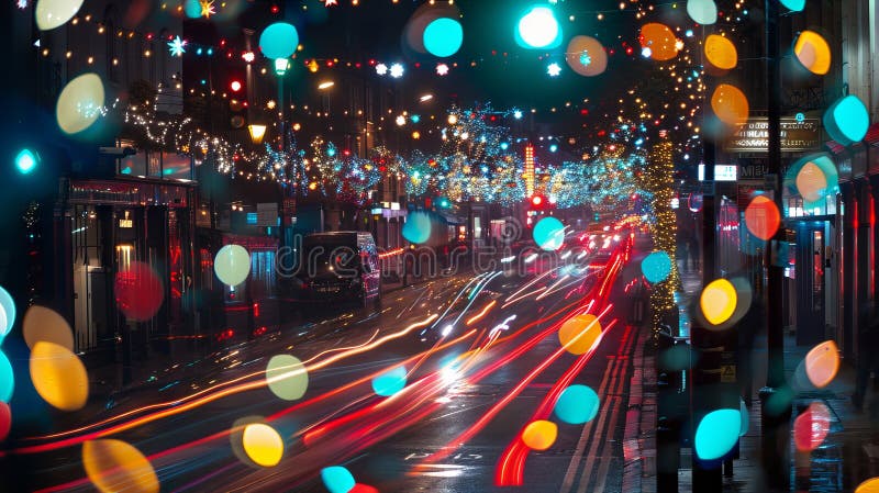 Christmas Lights Intertwined with a Busy Street. Stock Illustration ...