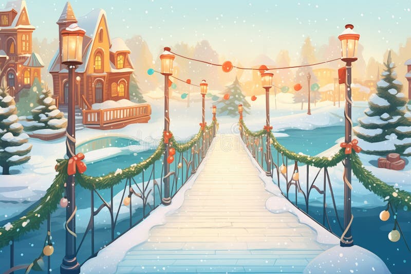 Christmas Lights Lining a Bridge with a Snowy Walkway Stock Image ...