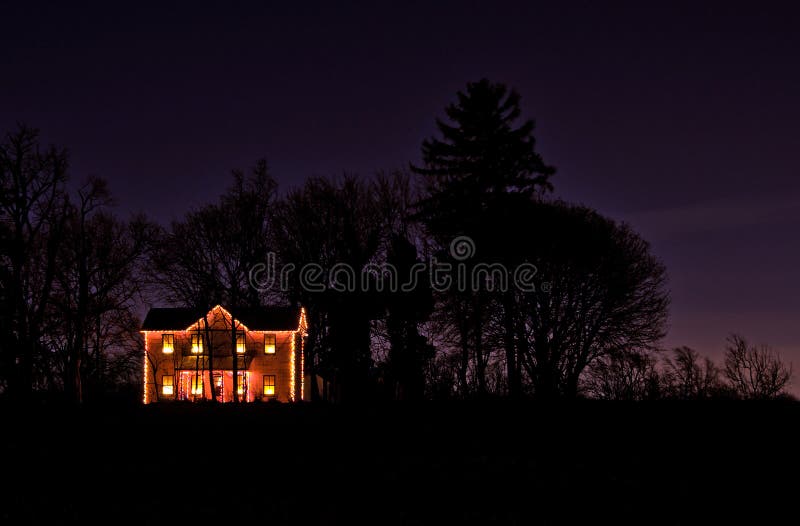 Christmas Lights on a Lone Rural Farmhouse Stock Photo - Image of ...