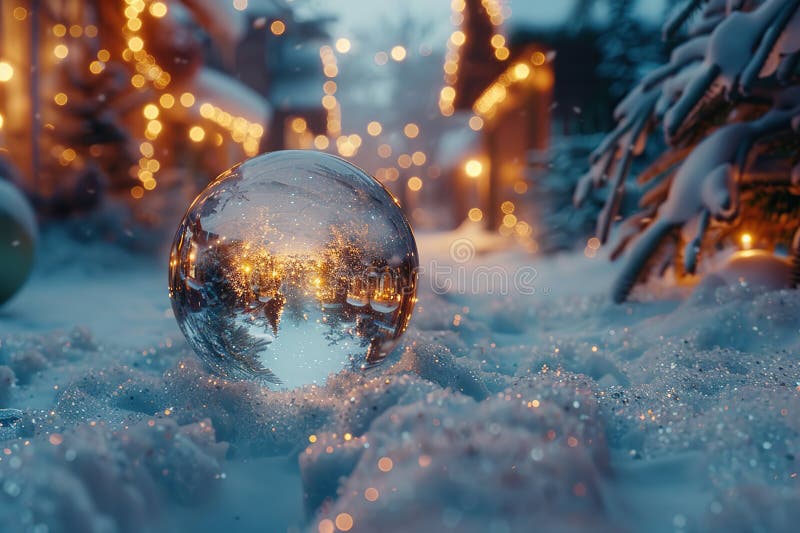 Christmas Lights Reflection in a Glass Ball on Snow Stock Illustration ...