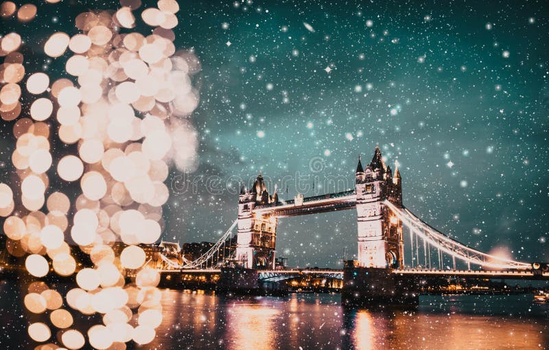 Christmas Lights and Snow in London Tower Bridge at Night Stock Photo ...