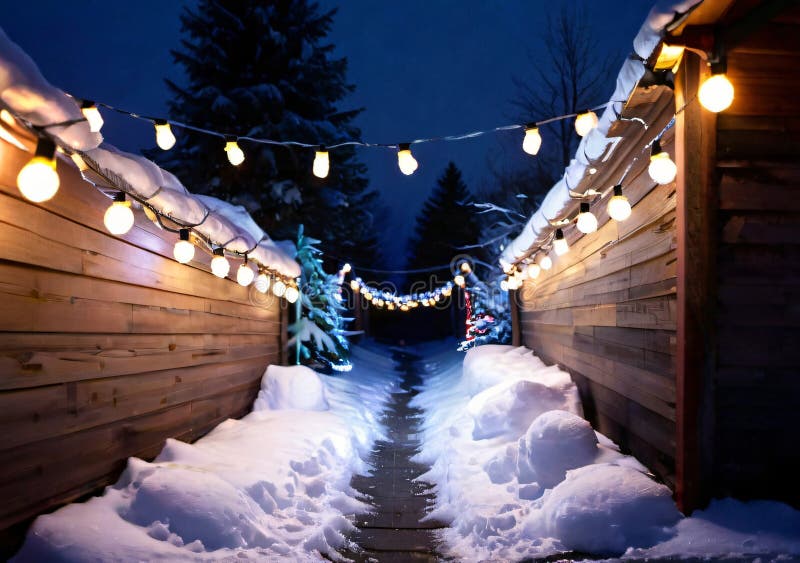 Christmas Lights Strung Along a Snowy Pathway, at Night. Generative AI ...