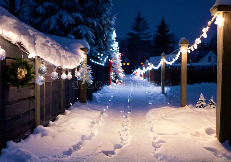 Christmas Lights Strung Along a Snowy Pathway, at Night. Generative AI ...