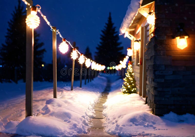 Christmas Lights Strung Along a Snowy Pathway, at Night. Generative AI ...