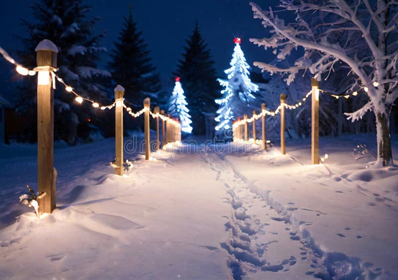 Christmas Lights Strung Along a Snowy Pathway, at Night. Generative AI ...