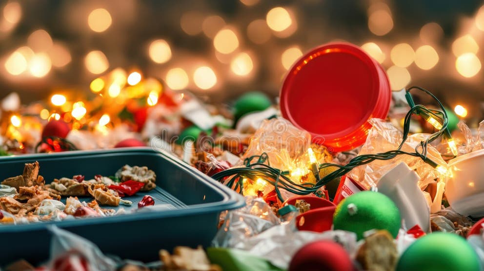 Christmas Lights Tangled in Garbage with Discarded Decorations and ...