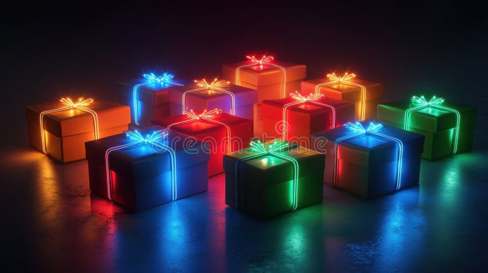 Christmas Lights Twinkling Around Gift Boxes Stock Illustration ...
