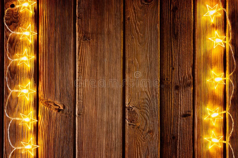 Christmas Lights on Wooden Rustic Background. Stock Image - Image of ...