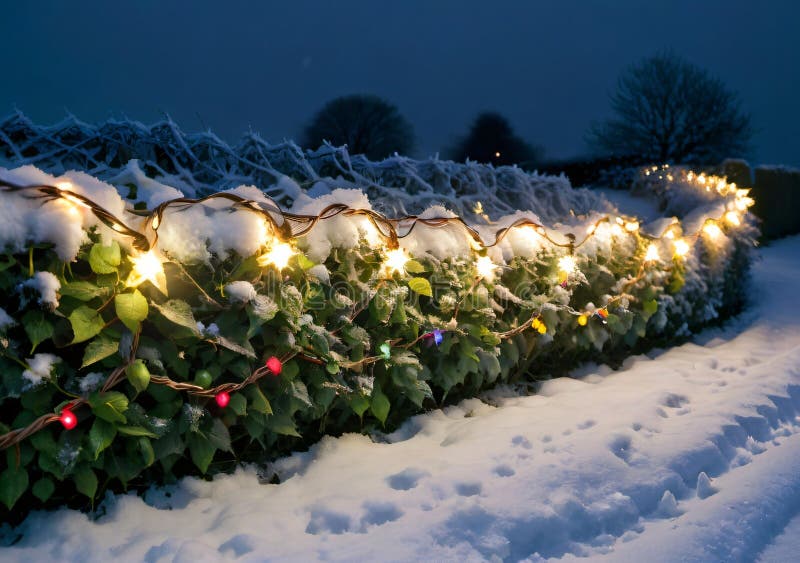 Christmas Lights Woven through a Snowy Hedgerow, at Evening. Generative ...