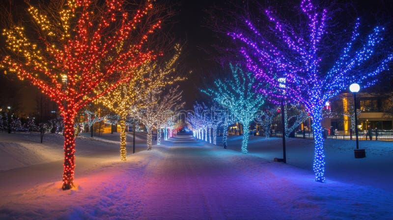 Christmas Lights Wrapped Around Snowy Trees Stock Illustration ...